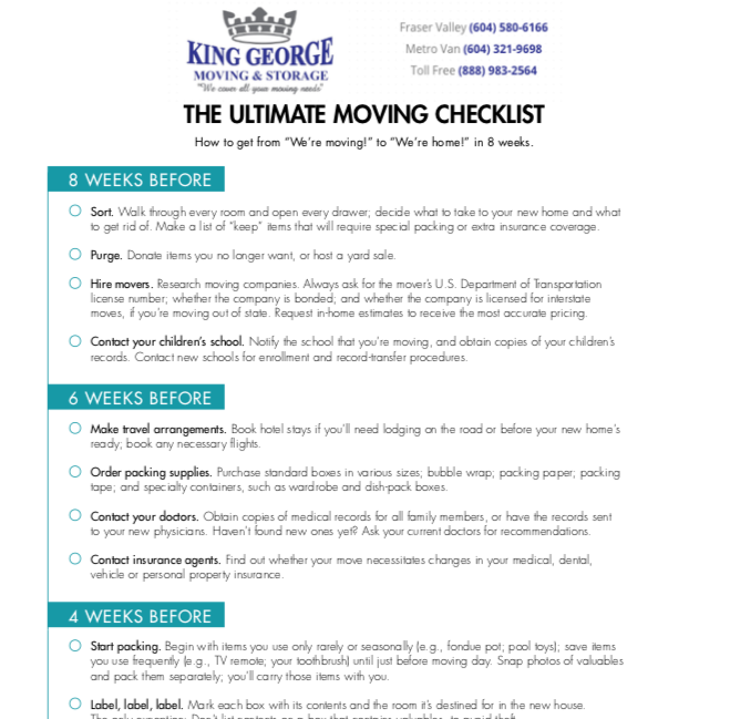 Moving Checklist – King George Moving & Storage Ltd